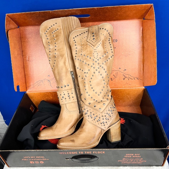 freebird | Shoes | Bnibnwt Freebird By Steven Pamela Beige Studded Knee High Boots Size 9 | Poshmark